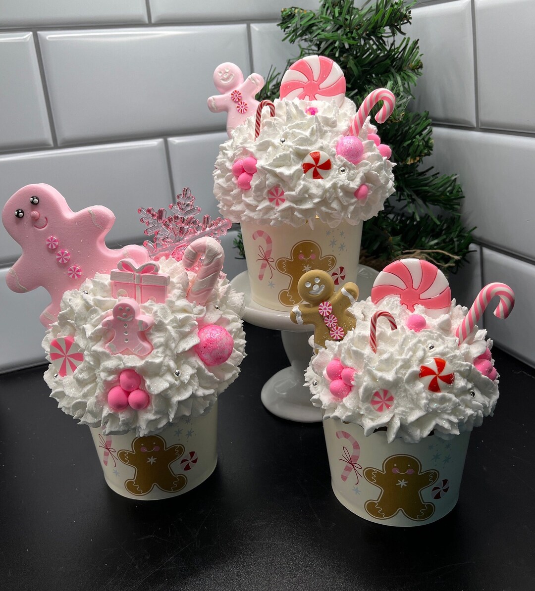 Faux Christmas Cupcake Decor | Pink Peppermint Gingerbread Cupcake - Etsy
