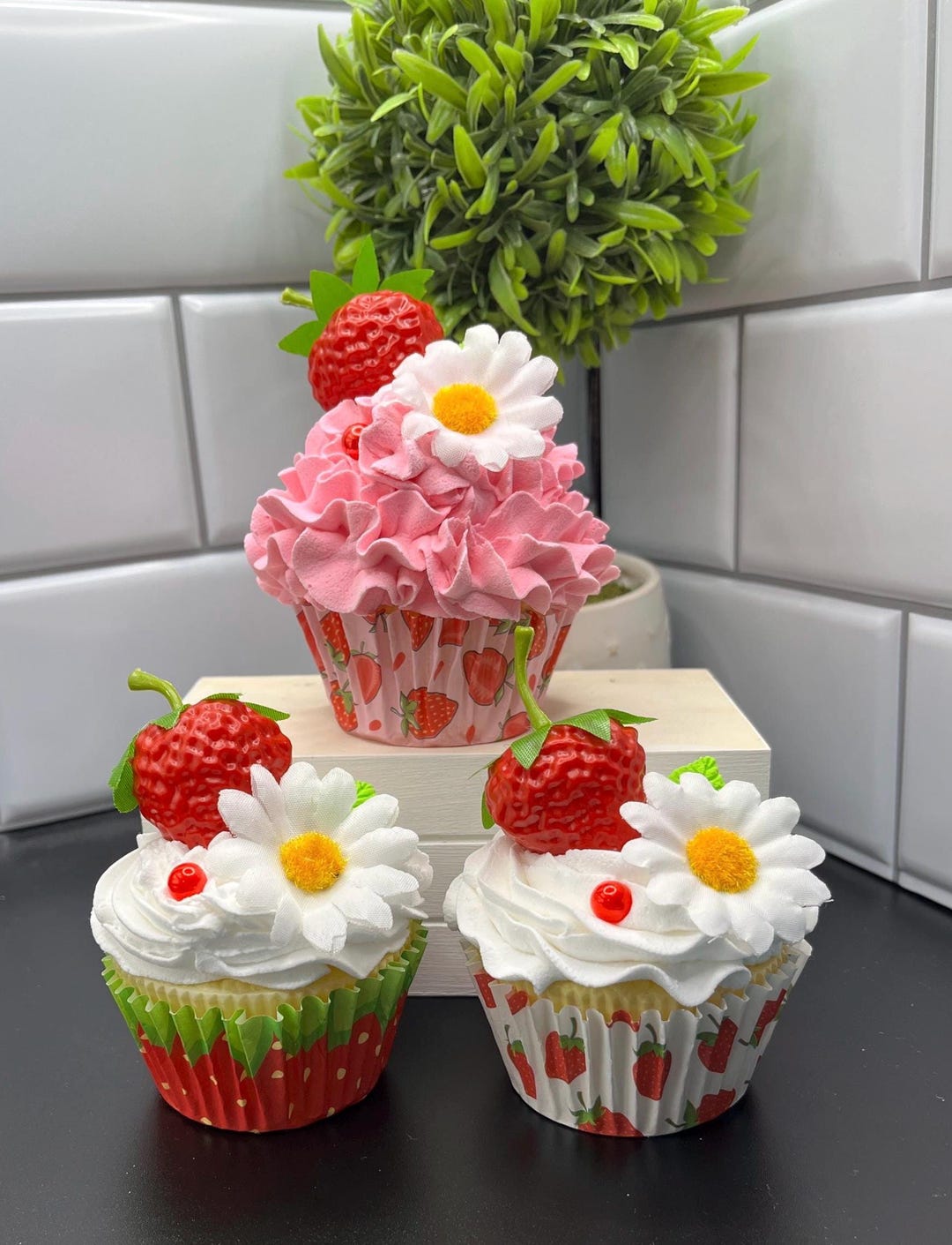Faux Cupcake With Strawberries and Daisy as Embellishments - Etsy