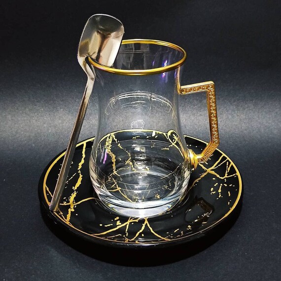 12 Piece White Tea Glass Tea Plate Tea Set Turkish Russian English Arab ...