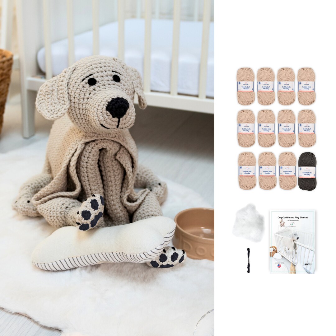 DIY Crochet Yarn KIT Brown Cuddle and Play Dog Blanket Baby Child Adult ...