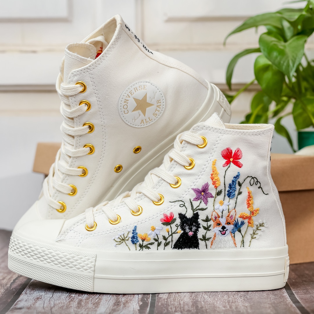 Custom Embroidered Converse Platform, Cat + Dog Embroidered Sneaker ...