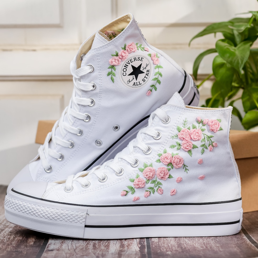 Custom Embroider Platform Converse Wedding, Bridal Flowers Embroidered ...