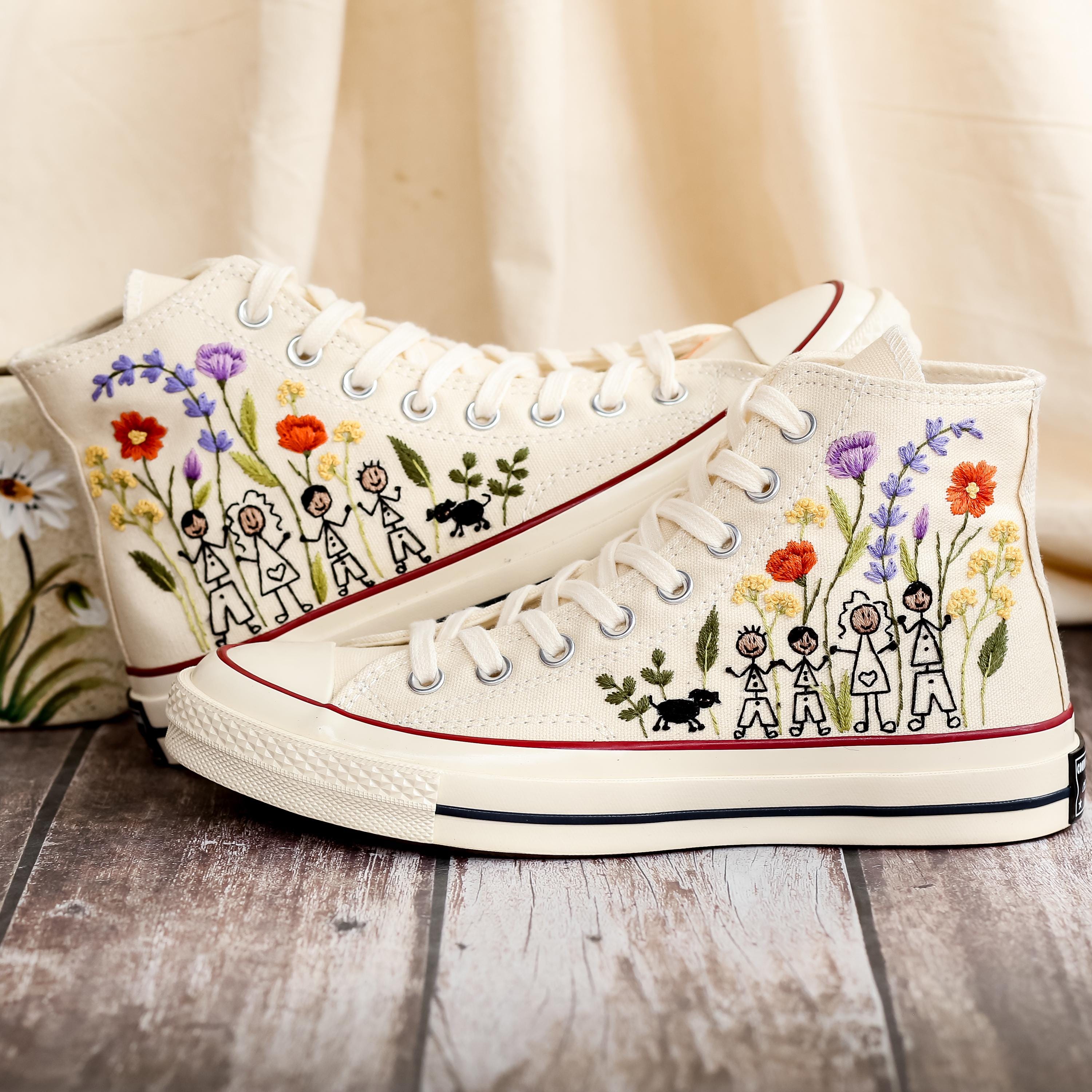 Custom Stick Figure Family Embroidered Converse, Flowers, Family ...