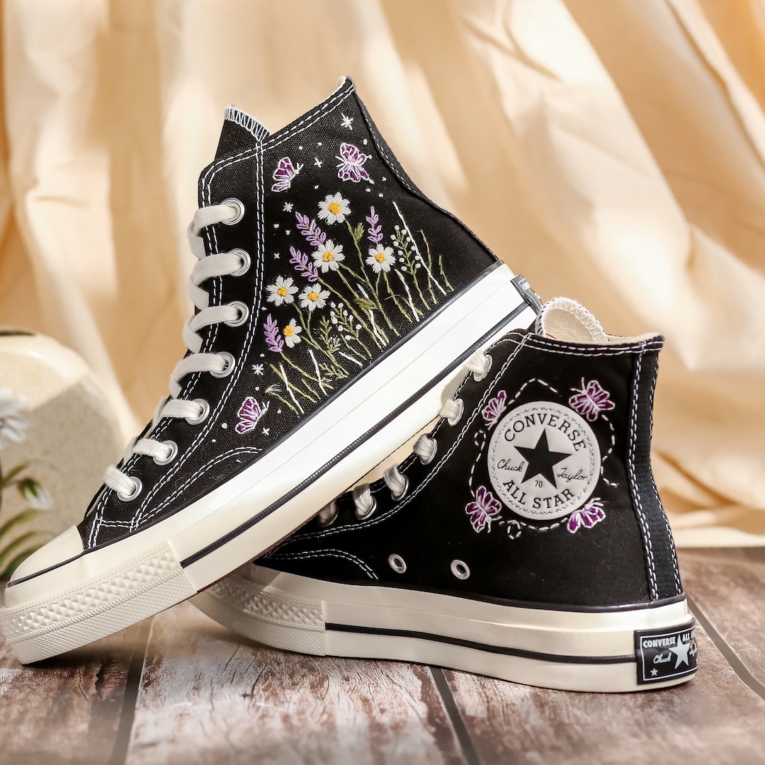Embroidered Converse High Tops, Daisy, Lavender Flowers Embroidered ...
