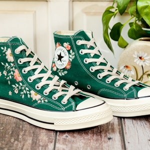 Embroidered Converse, Flower Embroidered Shoes for Women, Green ...