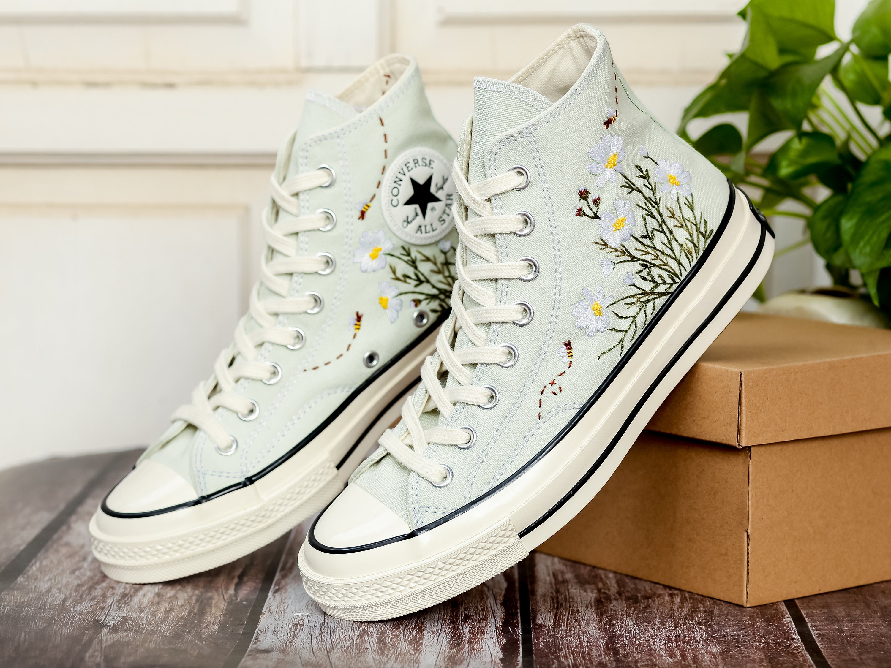 Embroidered Converse, Custom Converse High Top Embroidered Daisy ...