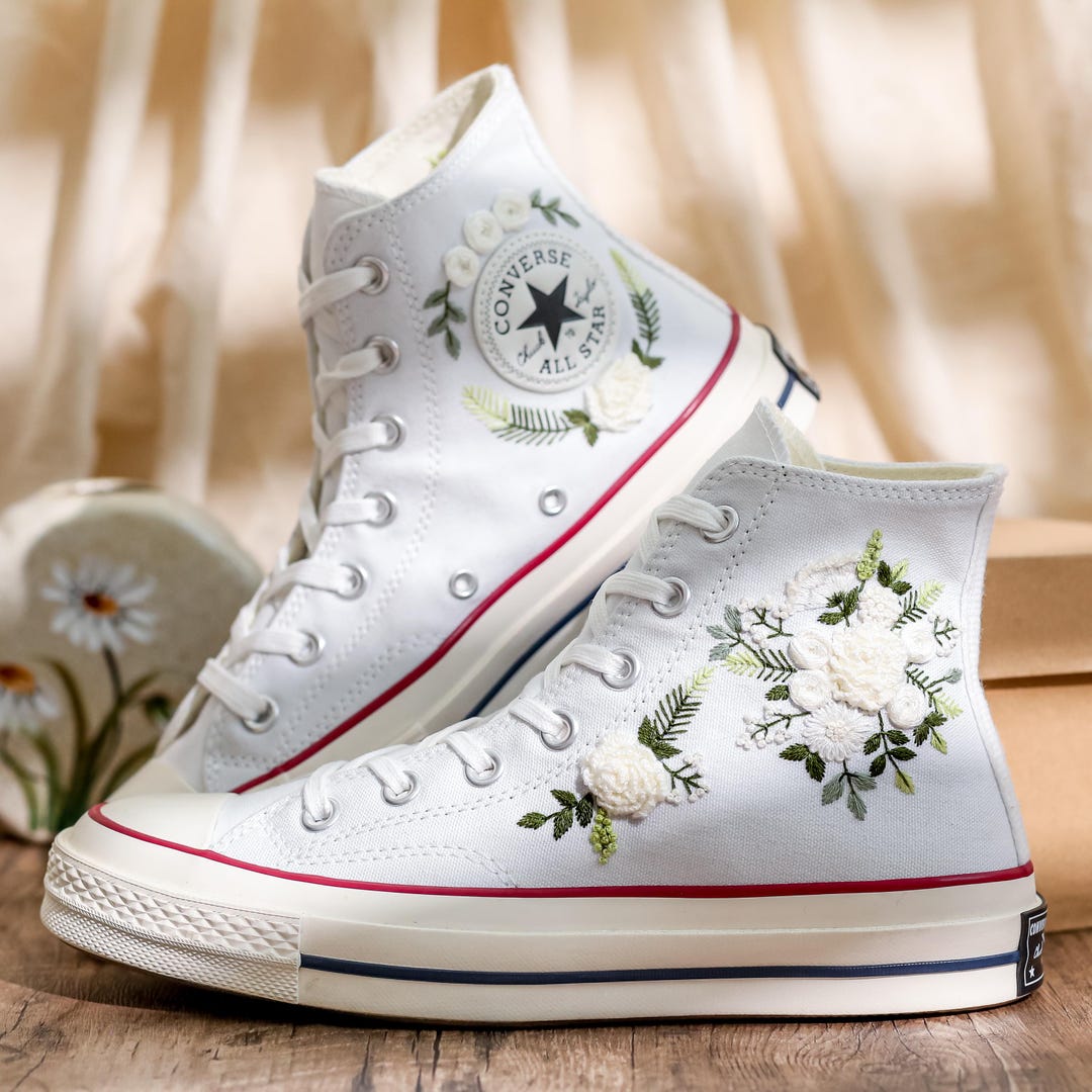 Wedding Converse for Bride, White Flowers Embroidered Sneakers Wedding ...
