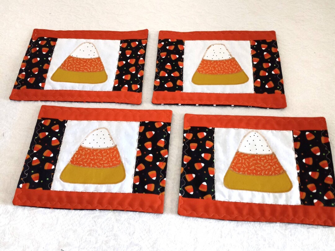 Candy Corn Mug Rug Set of Two, Halloween Mug Rug Set, Reversible Mug ...