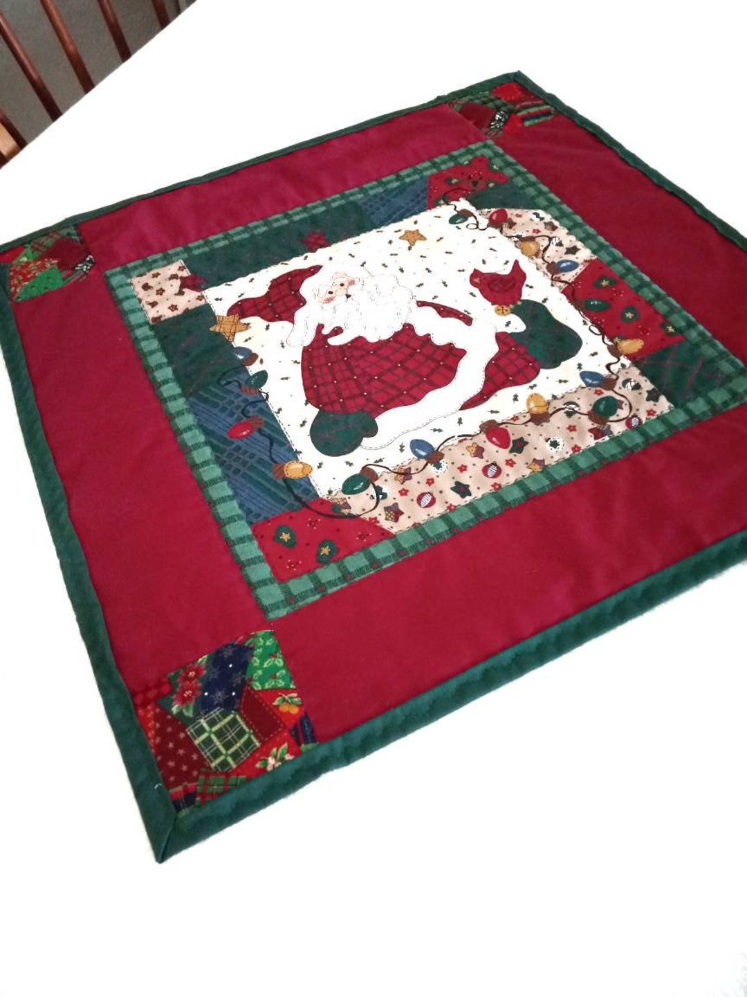 Santa Table Topper, Square Quilted Christmas Table Topper, Handmade ...