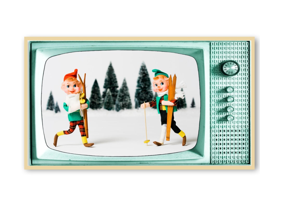 Retro Christmas TV Art: Skiing Elves Holiday Decor (digital Download ...