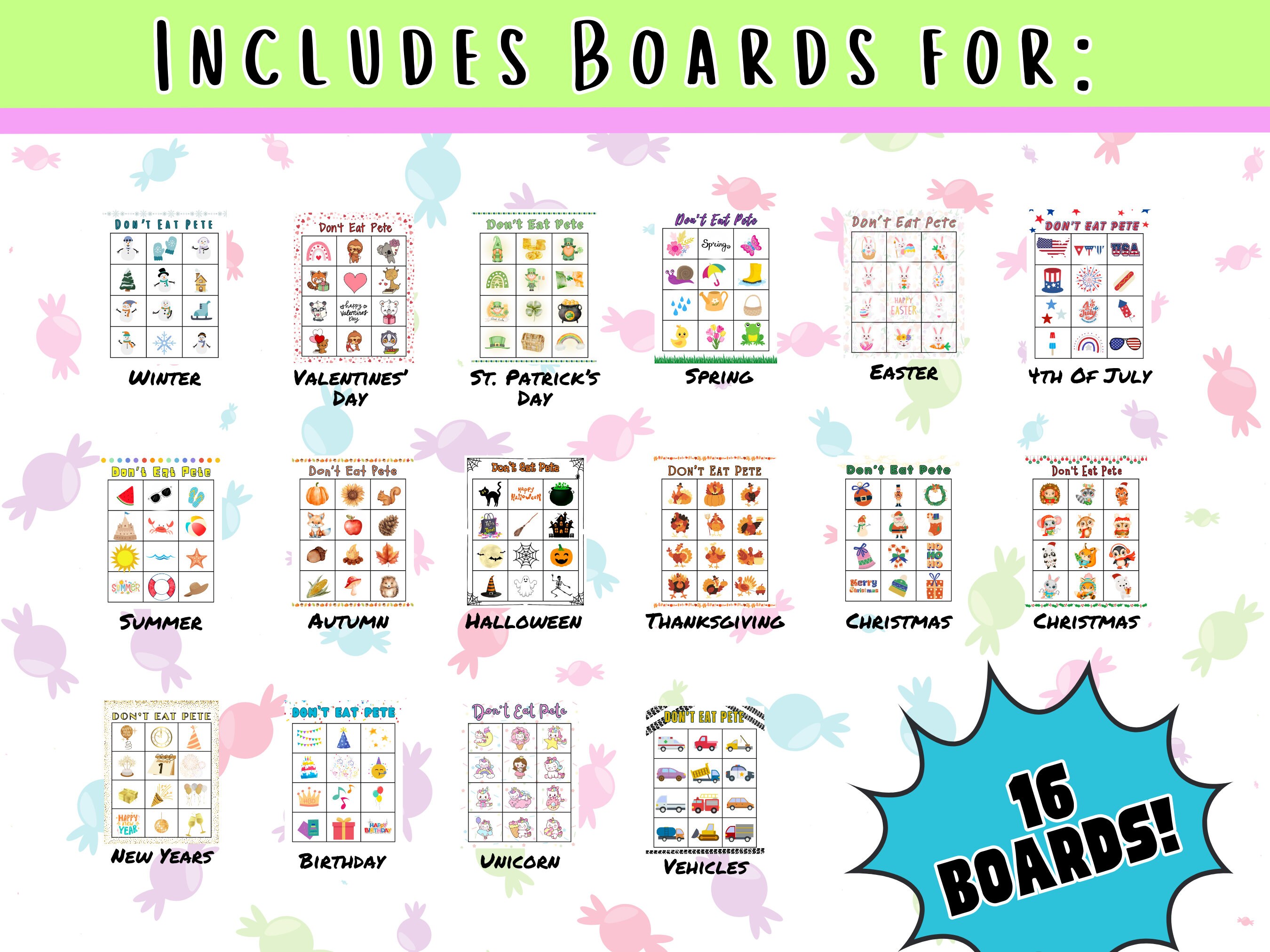 Don't Eat Pete Party Game Boards Valentine's Day, St. Patrick's Day ...