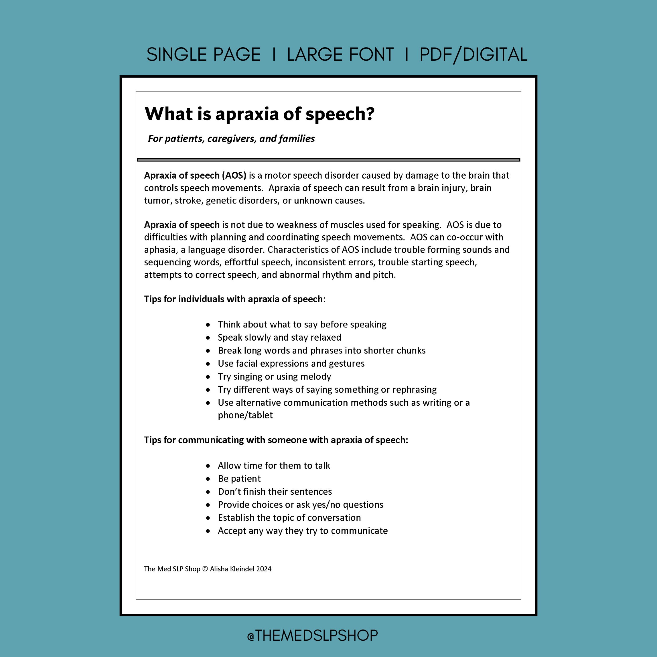 Apraxia of Speech Handout, Medical SLP, PDF, Speech Treatment ...