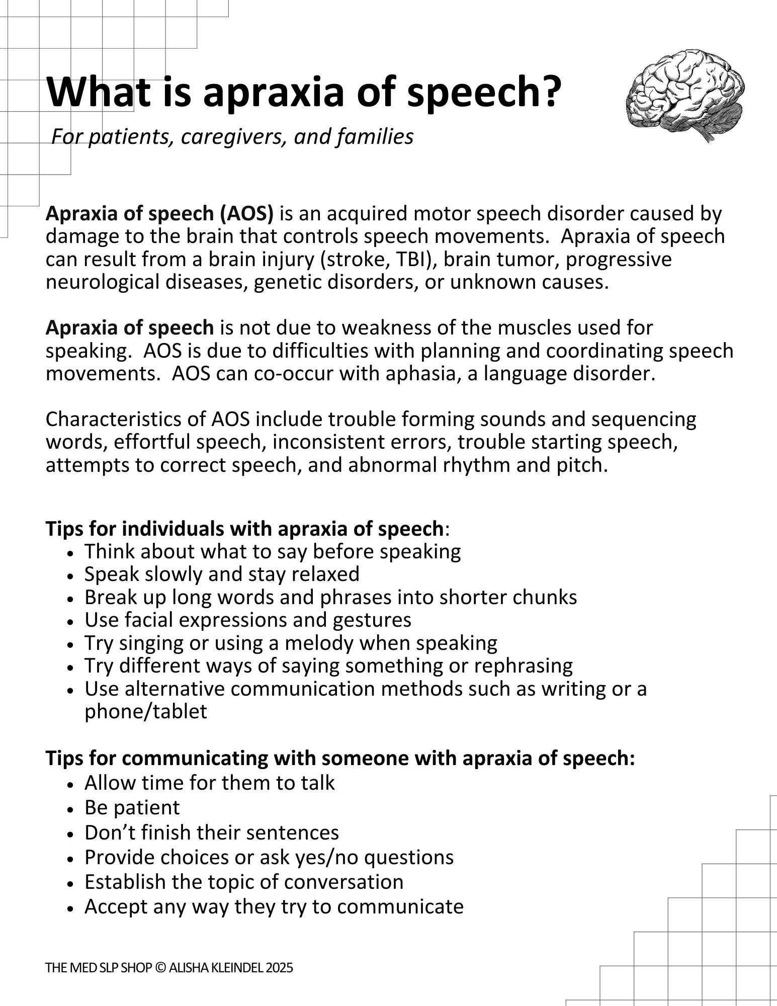 Apraxia of Speech Handout, SLP Therapy Resources (PDF) - Etsy