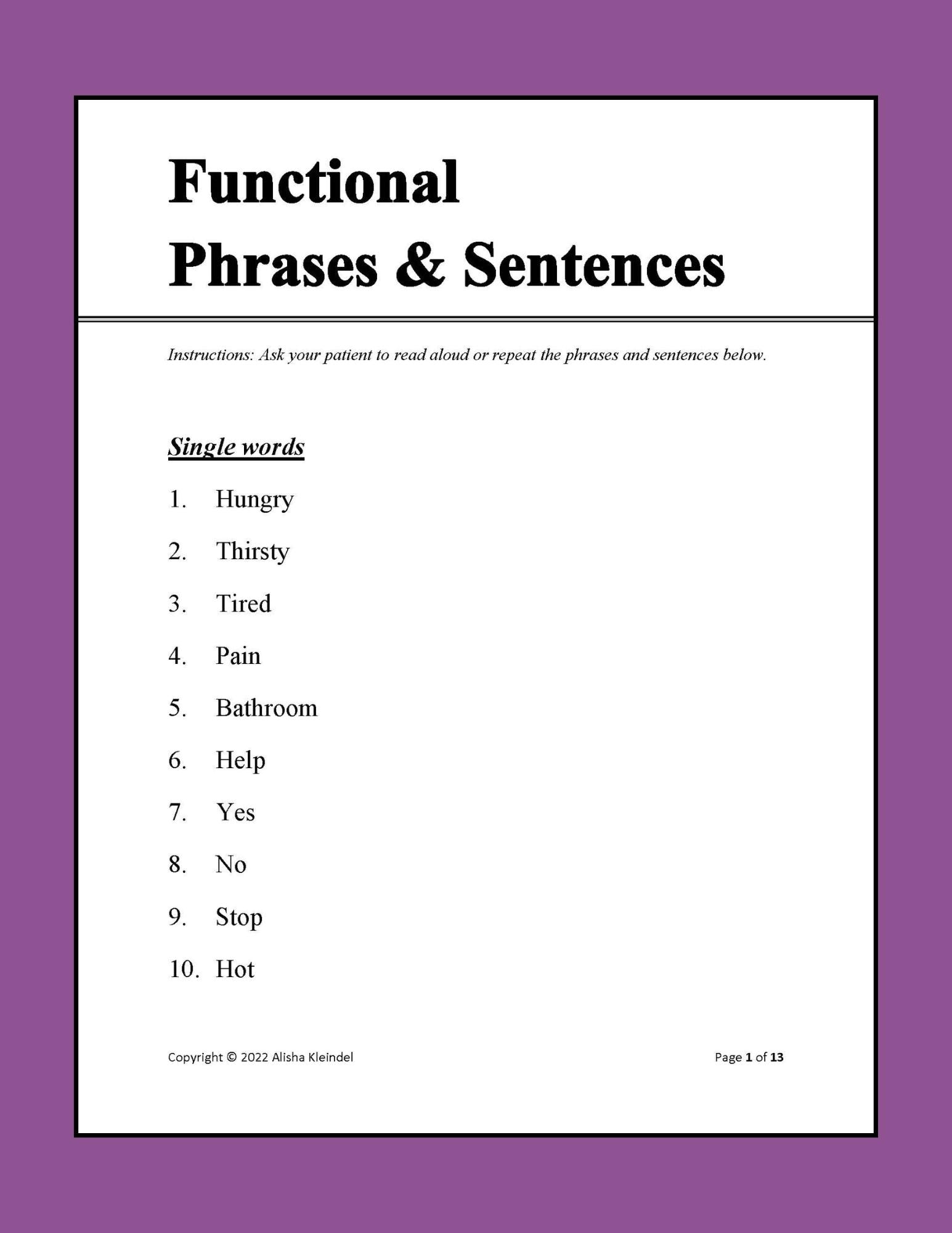 Medical SLP Functional Phrases Handout, Adult Speech Therapy (PDF) - Etsy