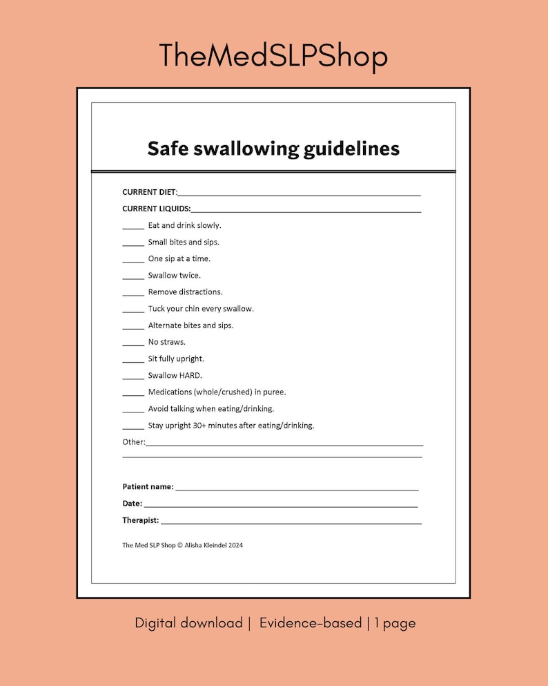 Safe Swallowing Guidelines Checklist, SLP Handout (PDF) - Etsy
