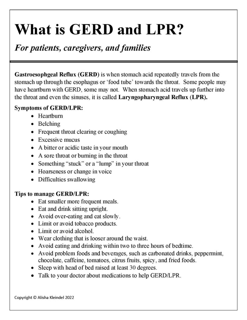 Handout for GERD/LPR, Medical SLP, Speech Treatment, Worksheets, Resources, Patient Handouts ...