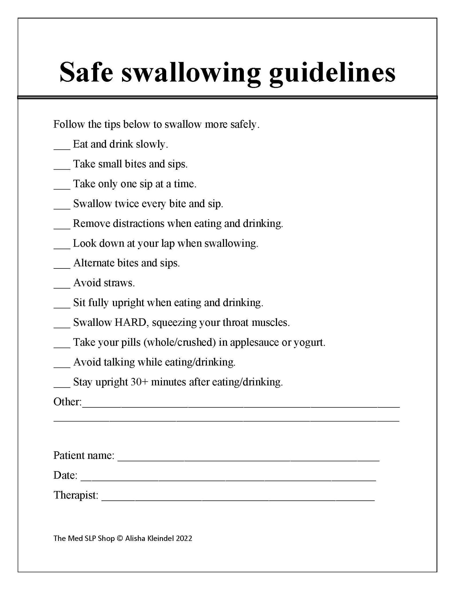 Safe Swallowing Tips, Medical SLP, PDF, Speech Treatment, Worksheets ...