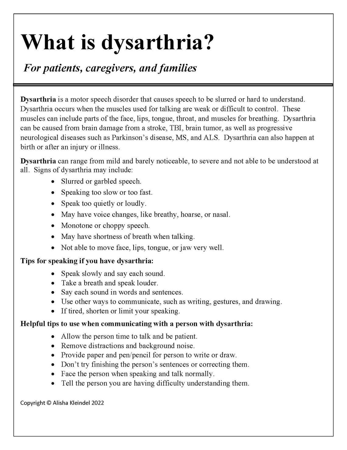 Dysarthria Handout, Medical SLP, Speech Treatment, Worksheets ...