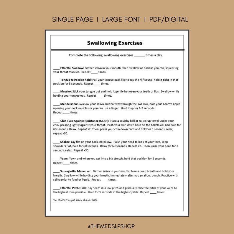 Swallowing Exercises Handout, Dysphagia Treatment (PDF) - Etsy