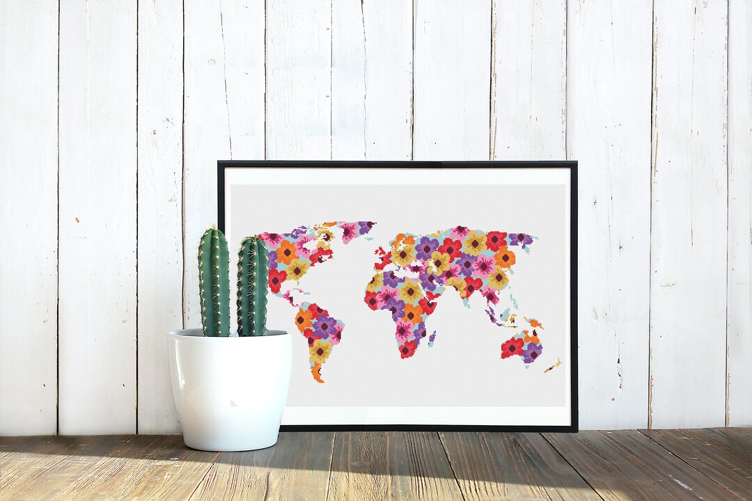 Flower World Map Cross Stitch Pattern - Etsy