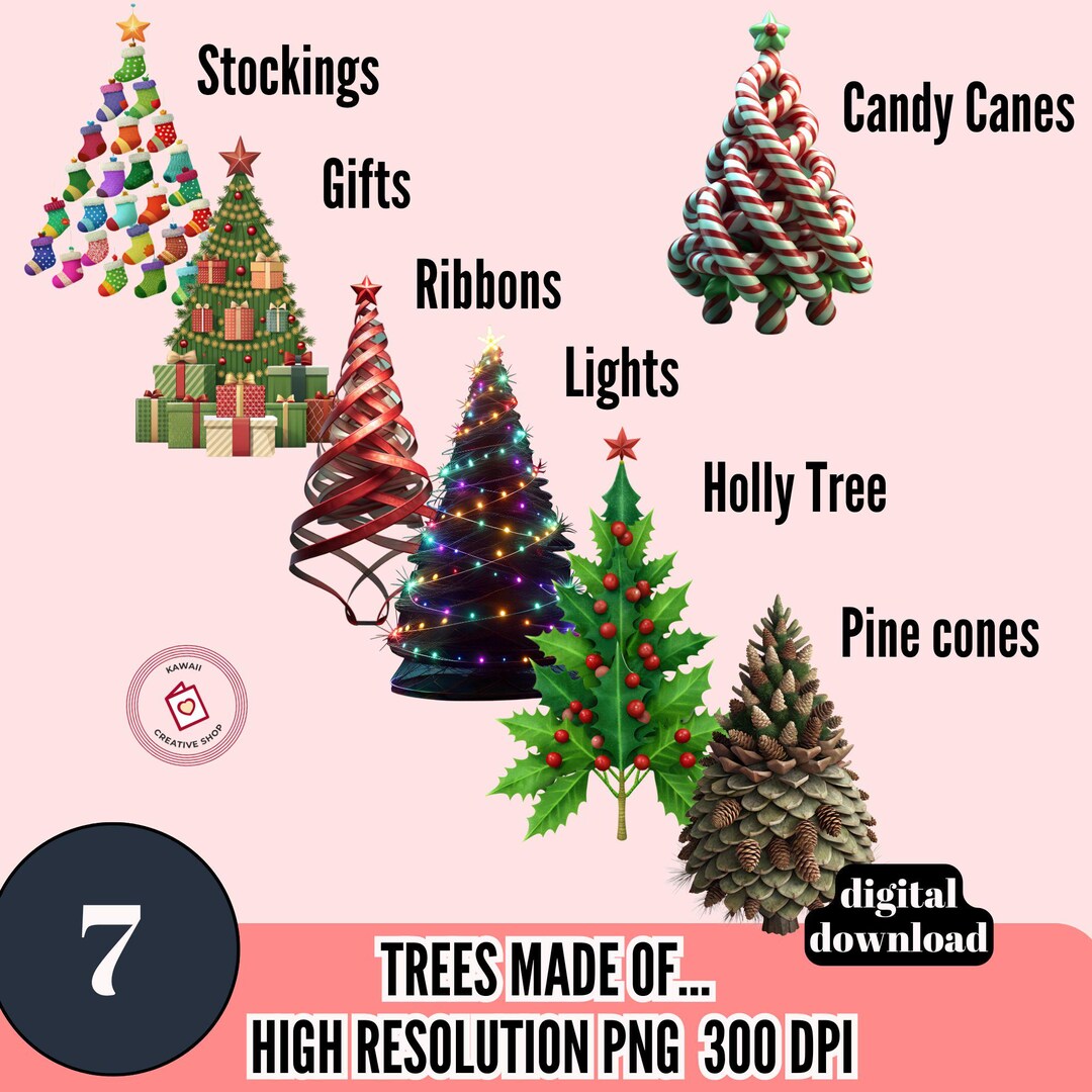 Unique Christmas Tree Clipart Set PNG High Resolution Christmas Themed ...