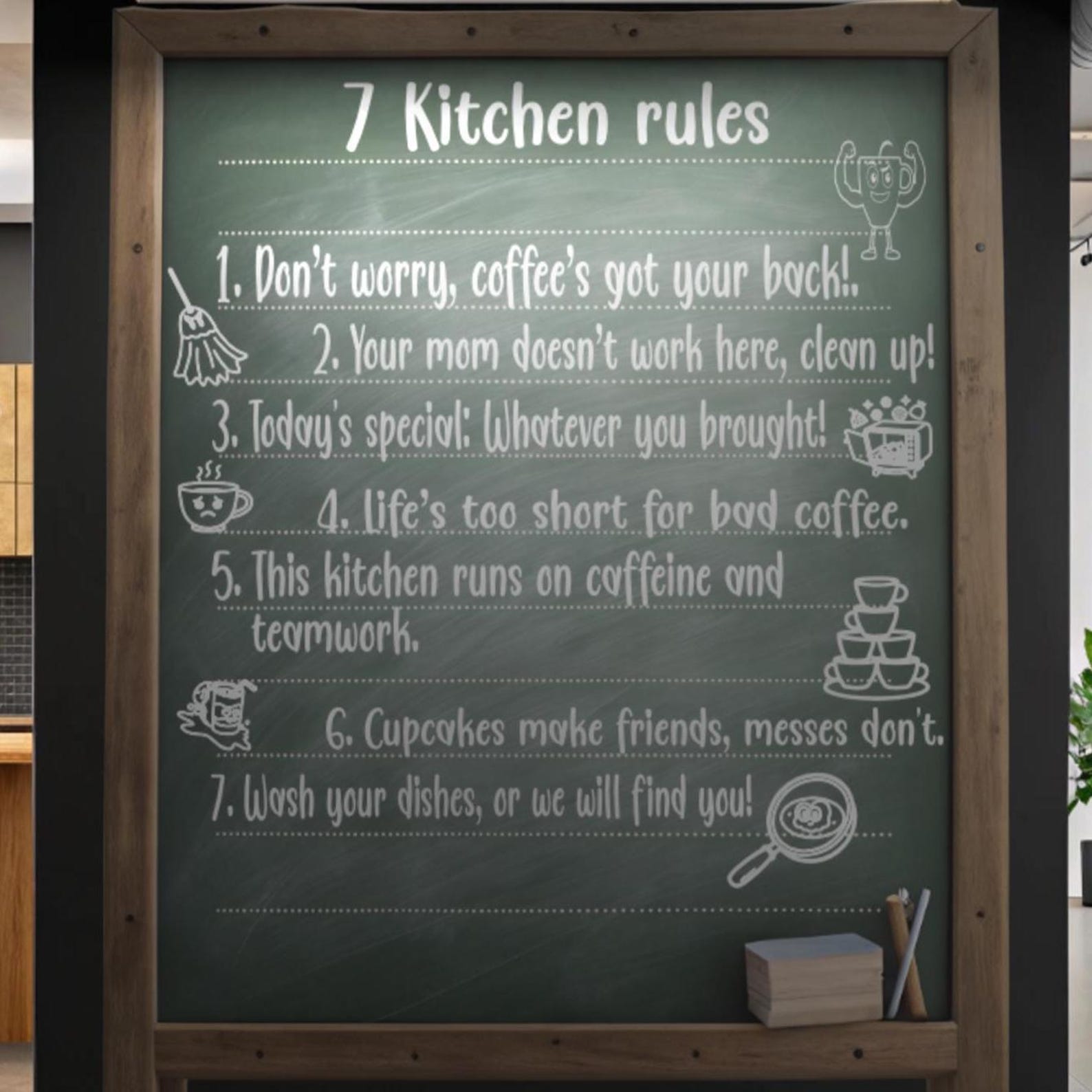 7 Funny Office Kitchen Rules Written on a Board Printable Wall Art ...