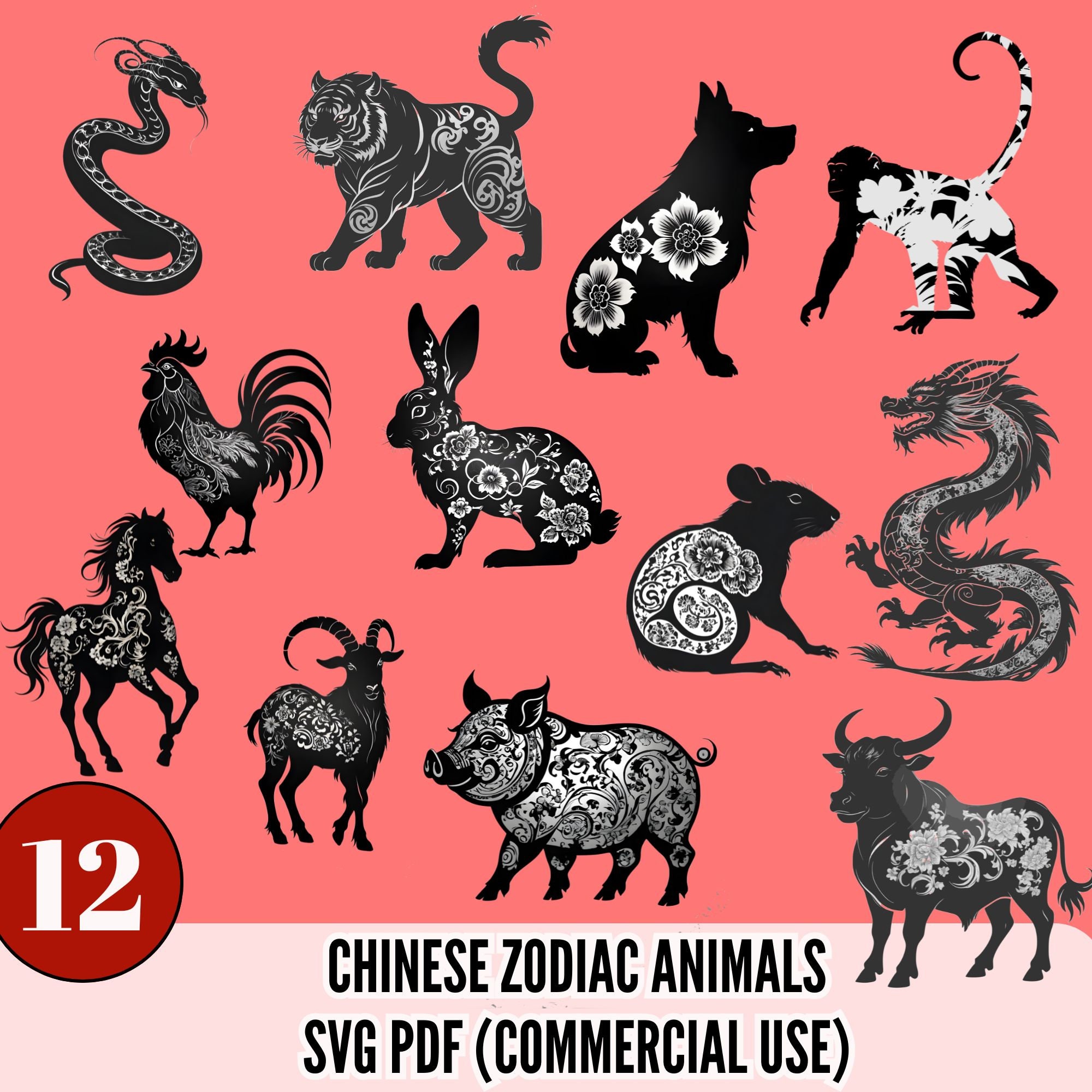 Chinese Zodiac Animals Clipart SVG PDF Lunar New Year Digital Art 12 ...