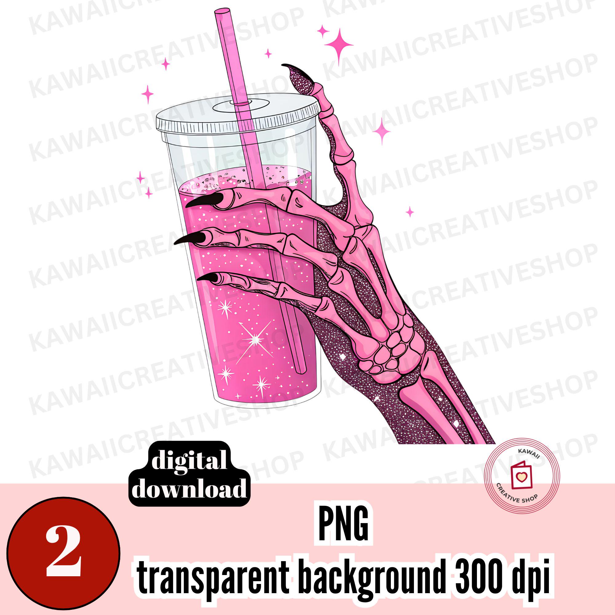 Skeleton Hand Holding Drink PNG Bright Pink Halloween Clipart Spooky ...