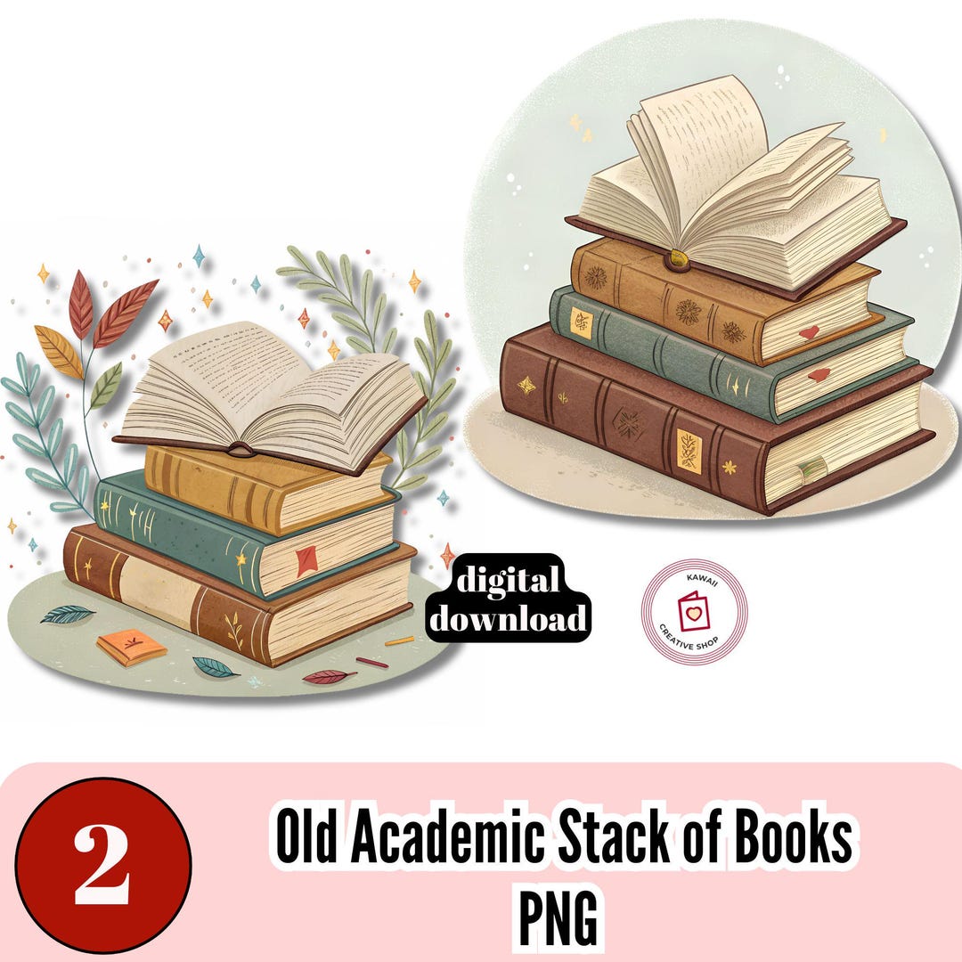 Vintage Academic Book PNG X 2 Stack of Old Books Library Digital Art ...