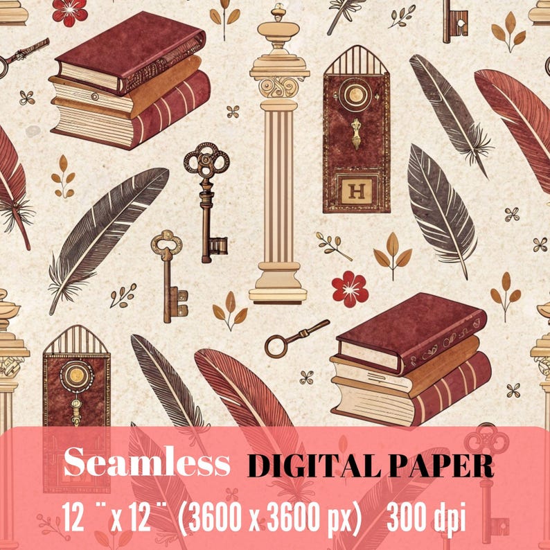 Vintage Books Seamless Pattern PNG JPG 12 X 12 in Digital Paper Ornate ...