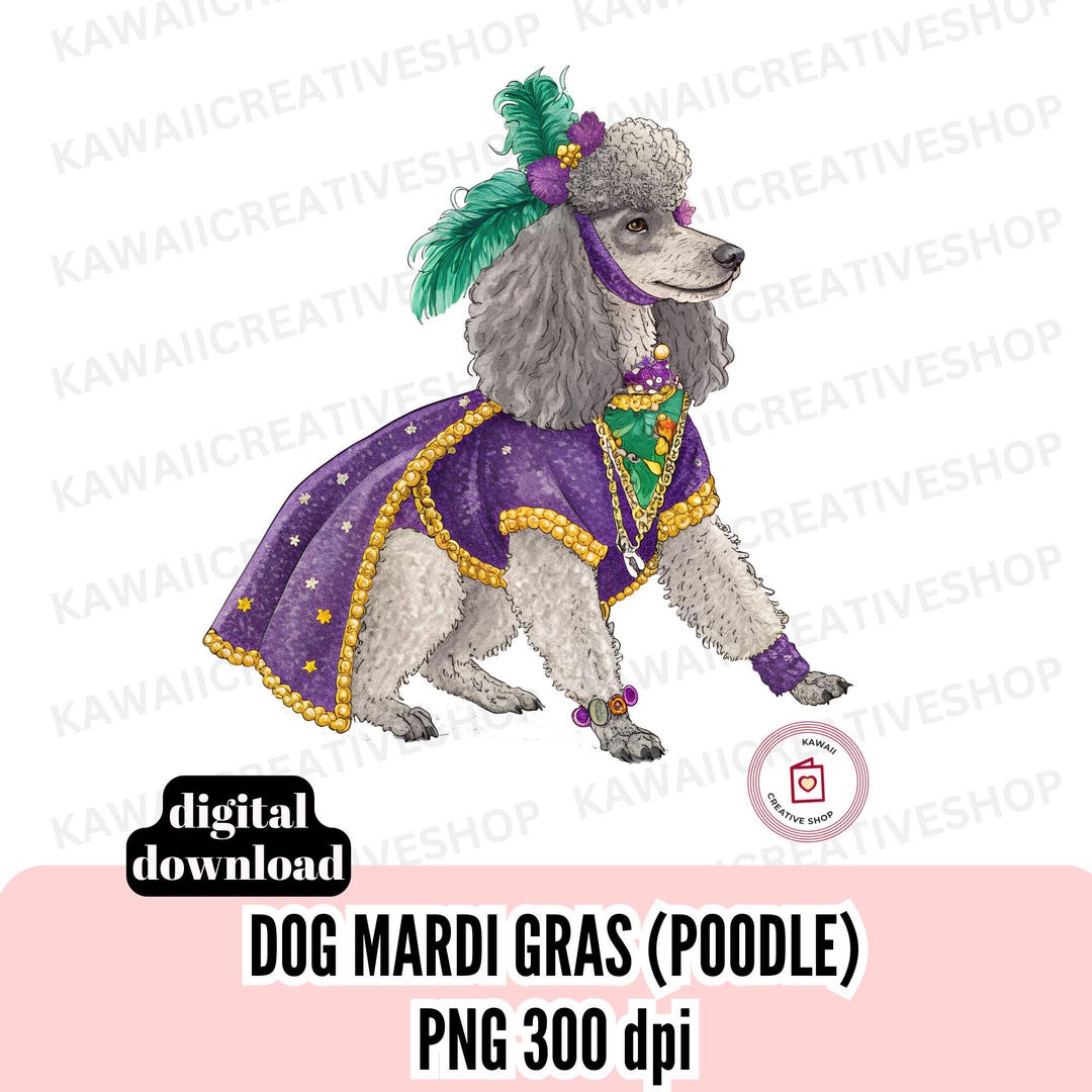 Dog Mardi Gras PNG Poodle Clipart Elegant Dog PNG With Beads and Outfit ...