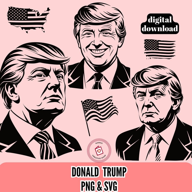 3x Trump Illustration Set Black SVG Format Black PNG Files Political ...
