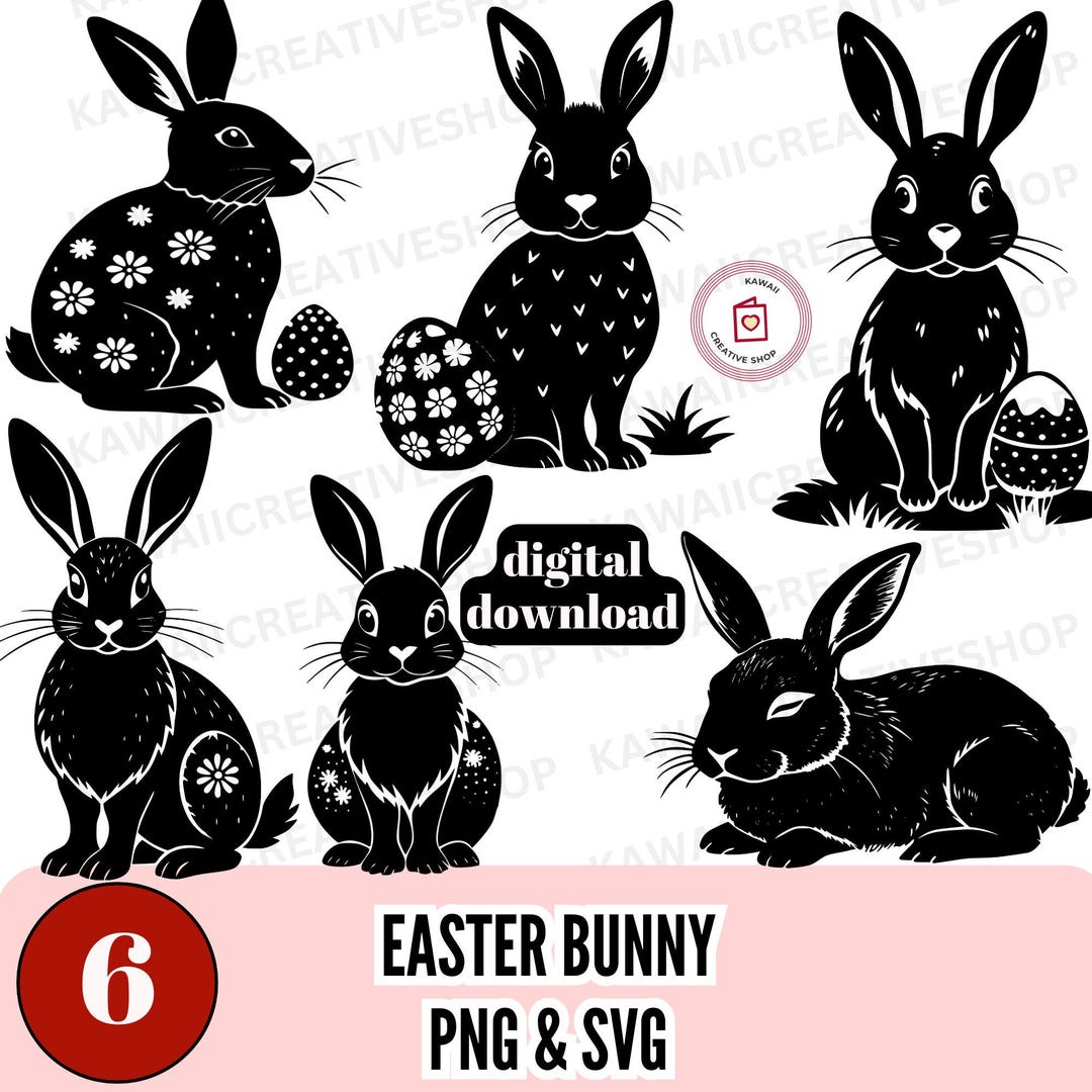 Easter Rabbit PNG 6 Black Silhouette PNG and SVG Bundle Bunny Rabbit ...