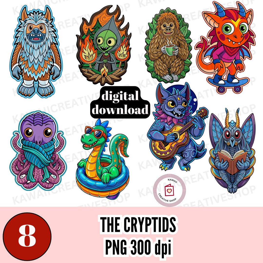 Cryptid Clipart Bundle 8 PNG of Mothman, Bigfoot, Loch Ness, Chupacabra ...