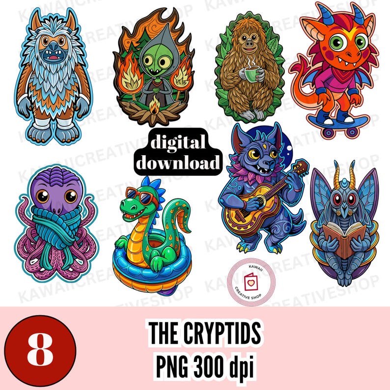 Cryptid Clipart Bundle 8 PNG of Mothman, Bigfoot, Loch Ness, Chupacabra ...