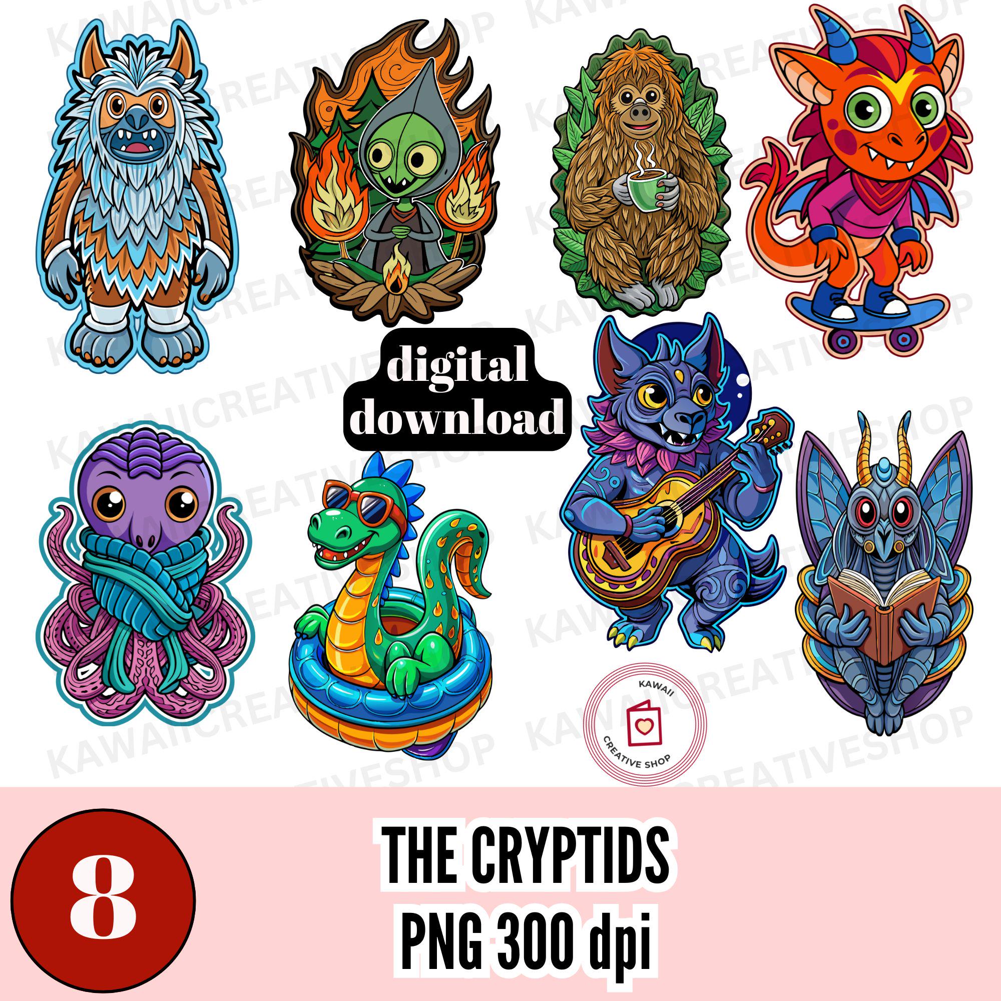 Cryptid Clipart Bundle 8 PNG of Mothman, Bigfoot, Loch Ness, Chupacabra ...