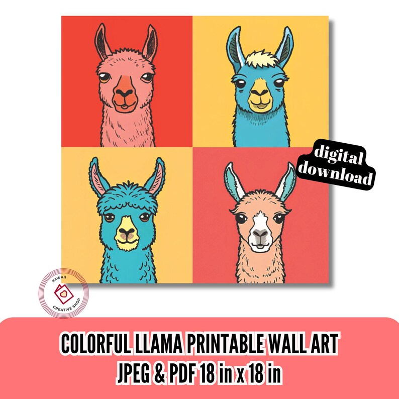 Llamas Art Print Cute Colorful Printable Office Wall Art Fun and ...