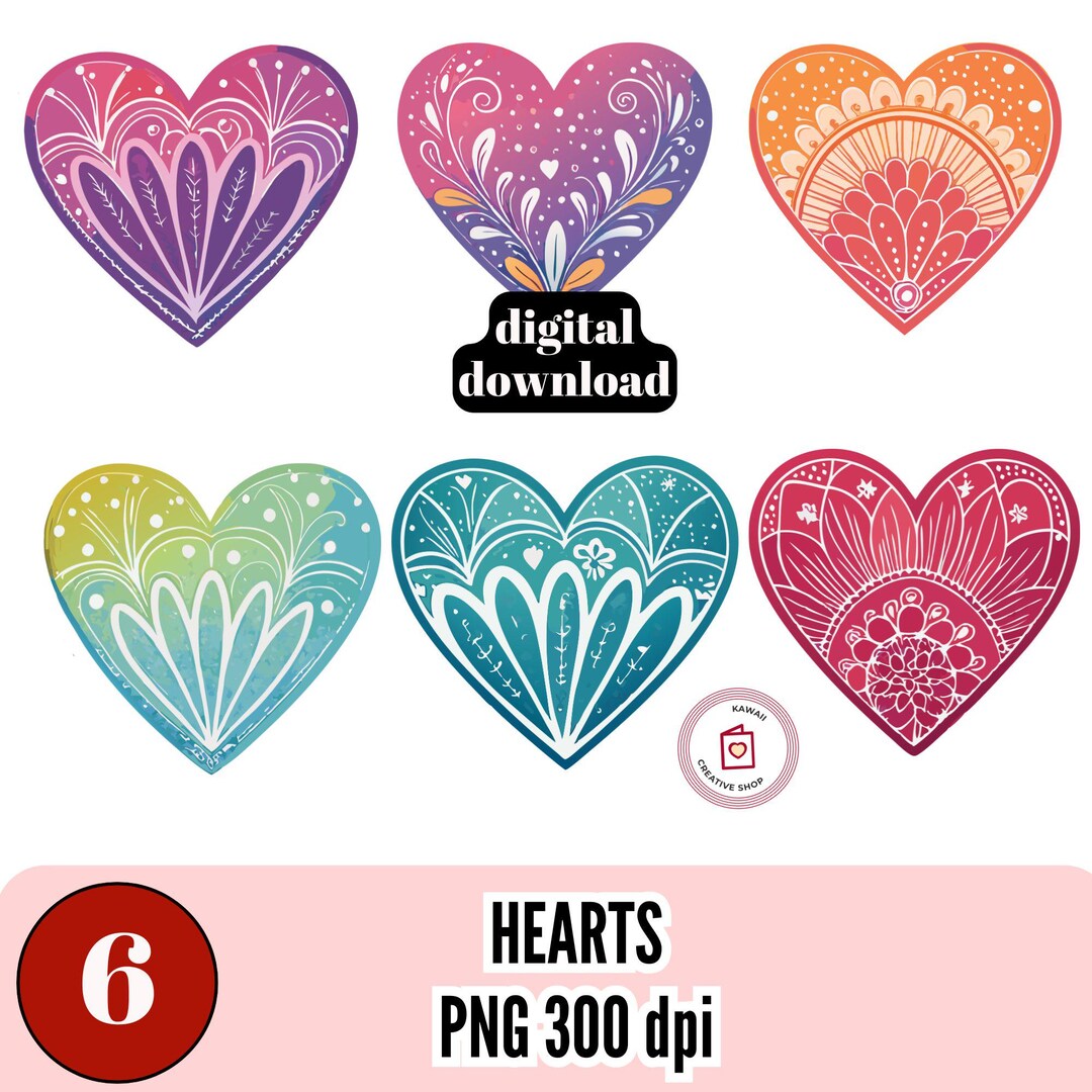 Heart PNG Clipart Bundle - 6 PNG Vibrant Multicolor Designs for ...