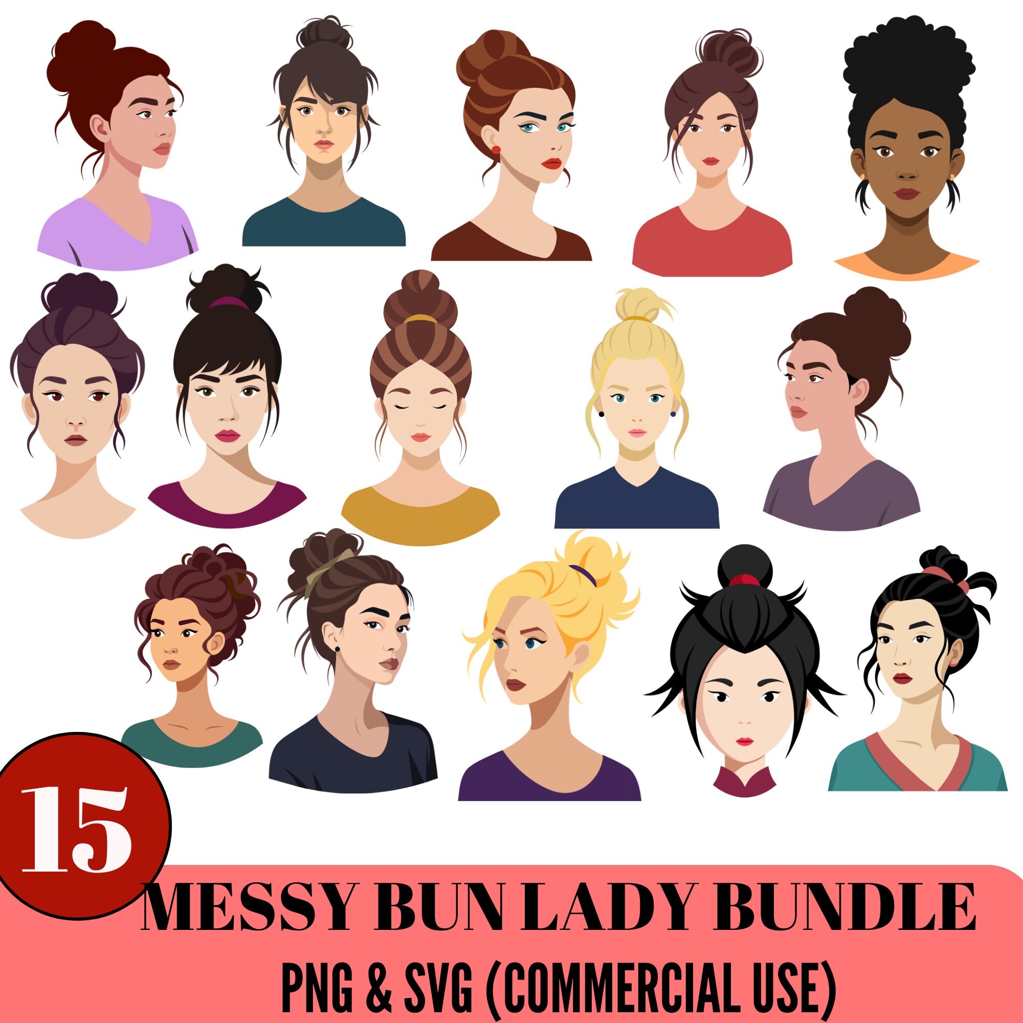 Messy Bun Lady SVG and PNG Clipart Bundle Instant Download Messy Hair ...