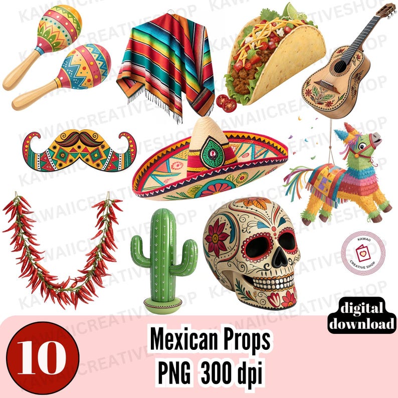 Mexican Props PNG Bundle 10 Colorful Fiesta Clipart Elements Cinco De ...