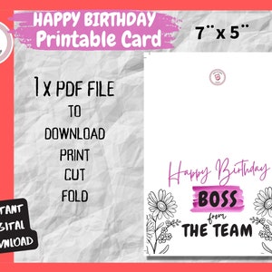 Printable Birthday Card for Boss 7 X 5 Inch Boss Card Gift for Employer ...