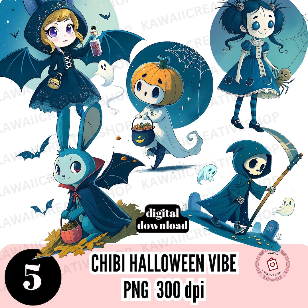 Chibi Halloween PNG Darkcore Clipart Cute Spooky Character Bundle ...