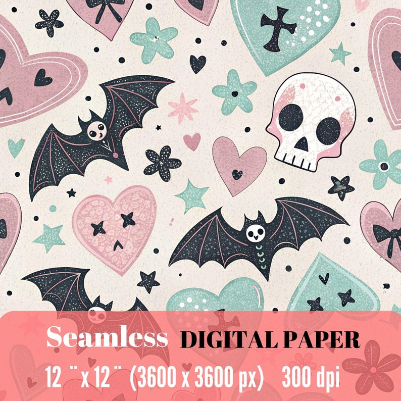 Pastel Gothic Seamless Pattern PNG JPG 12x12 Digital Paper Kawaii Goth ...