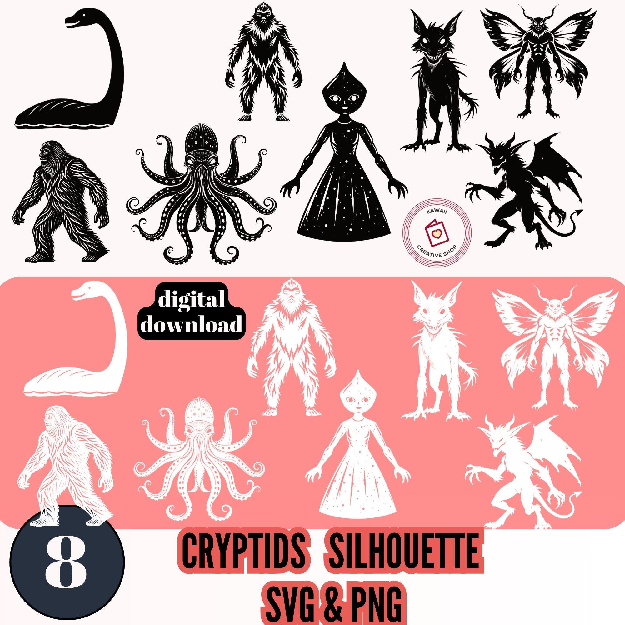 Cryptids Silhouette Bundle Black & White SVG PNG Files Mythical ...