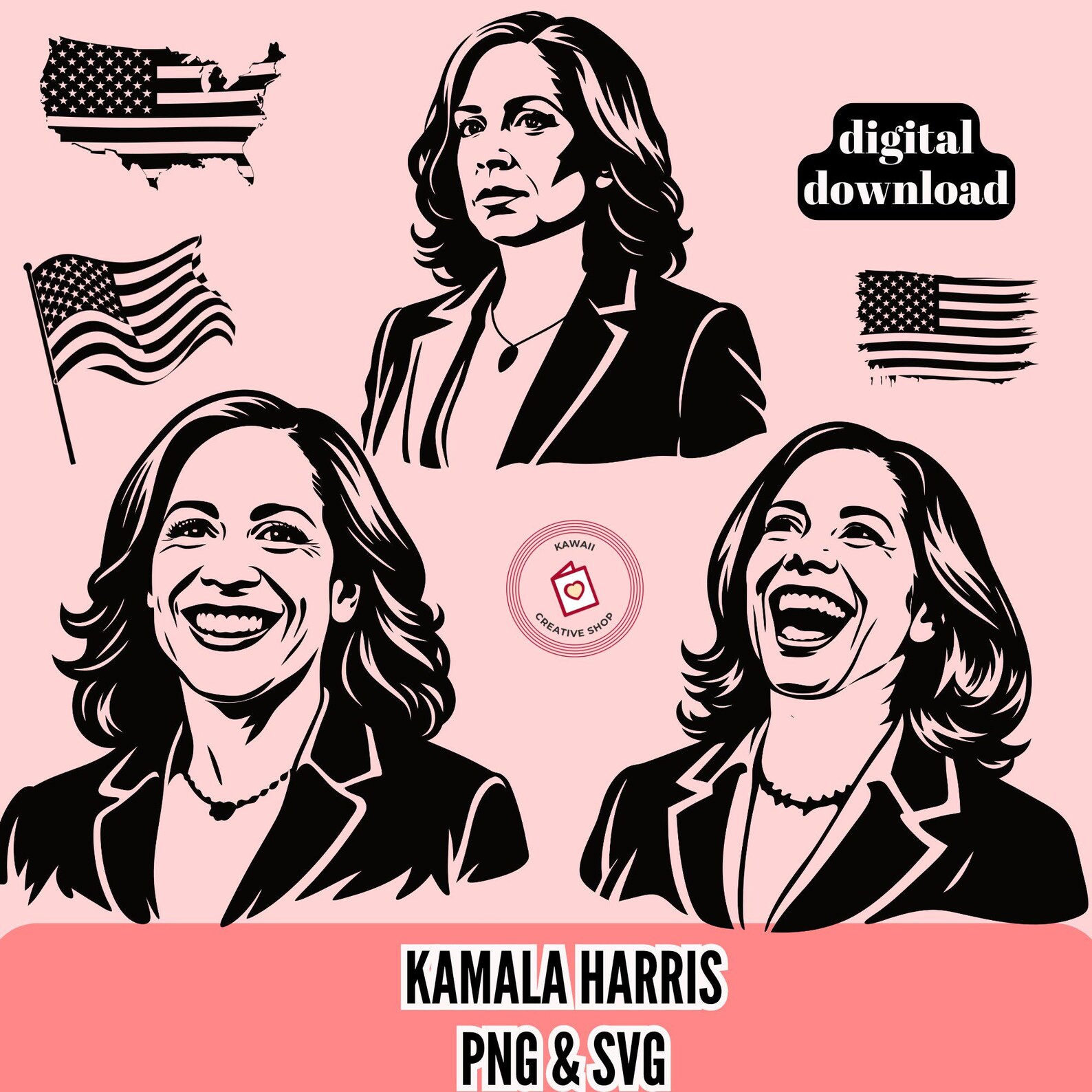 3x Kamala Harris Illustration Set Black SVG and PNG Files Political Art ...