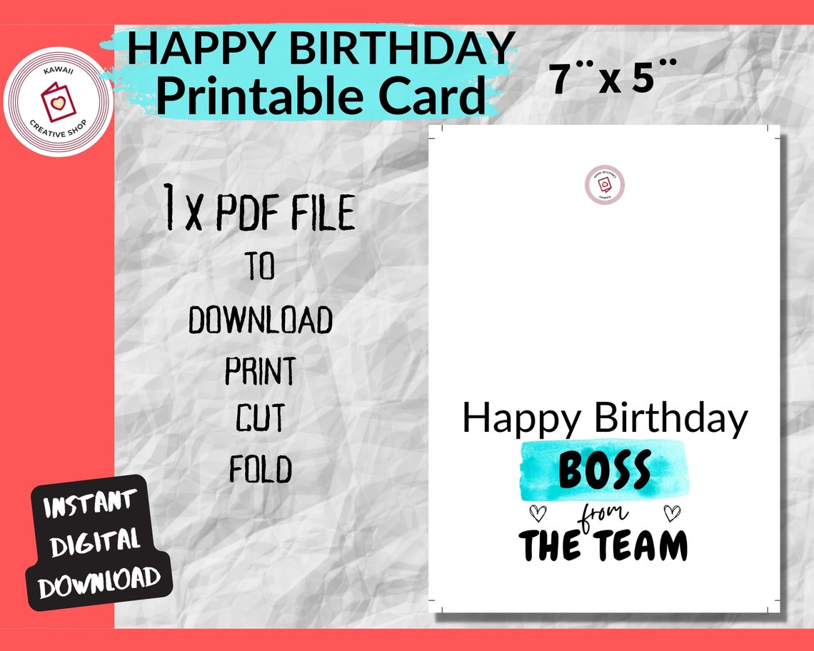 Printable Birthday Card for Boss 7 X 5 Inch Boss Card Instant Download ...