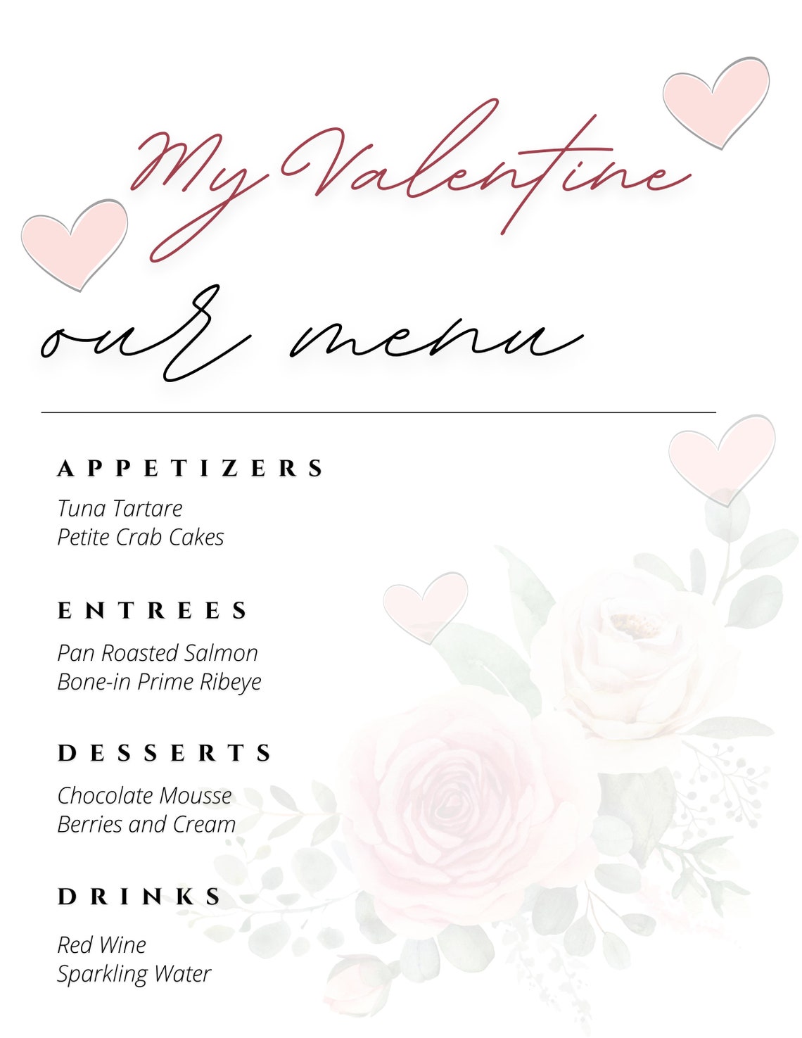 Valentine Menu Template- 8x11 Inches - Digital Download - Etsy