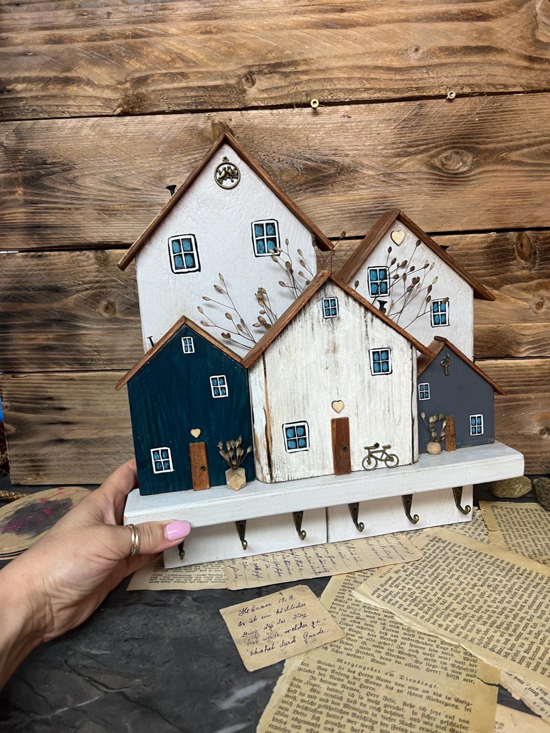 Wooden Key Rack House Hook Bar Key Storage Jewelry Bar 6 Hooks Sky Blue ...