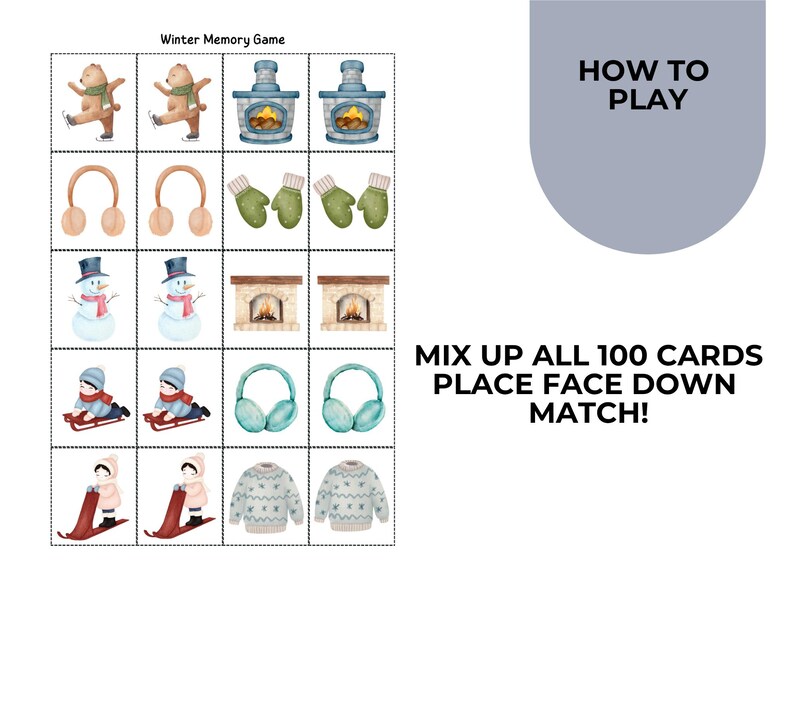 Winter Memory Matching Game Printable | 100 Cards (50 Pairs) | Fun ...