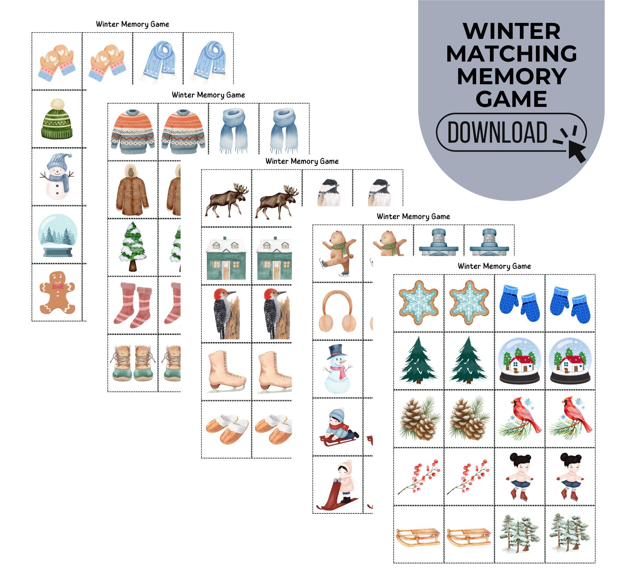 Winter Memory Matching Game Printable | 100 Cards (50 Pairs) | Fun ...
